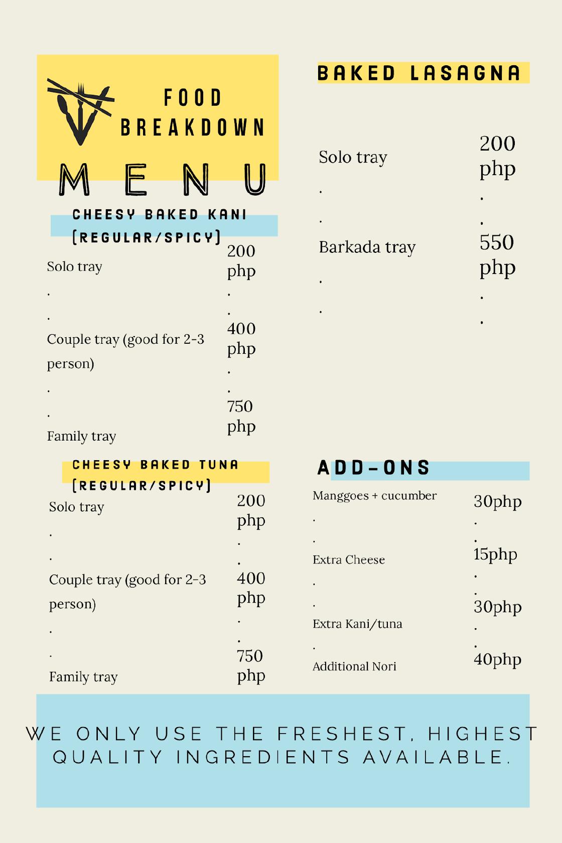 Menu at Food Breakdown restaurant, Pasig