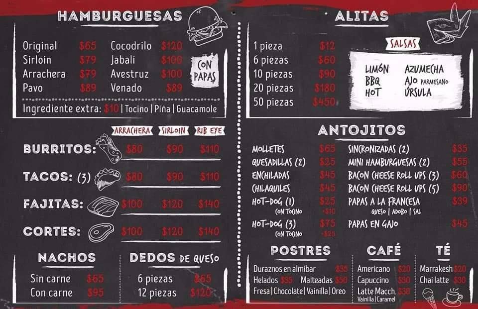 Menu at Las alas de Úrsula pub & bar, Mexico City