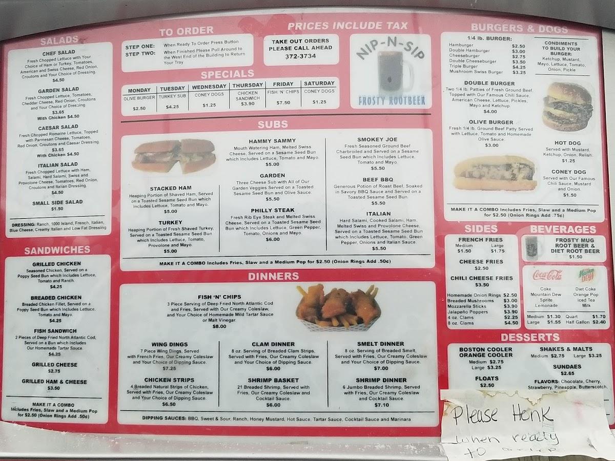 Menu at Nip N Sip Drive In restaurant, Lansing, N East St