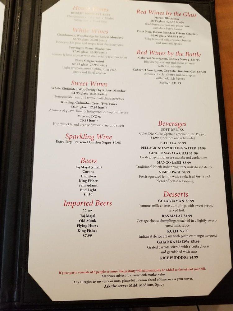 Menu at Spice of India restaurant, Hesperia