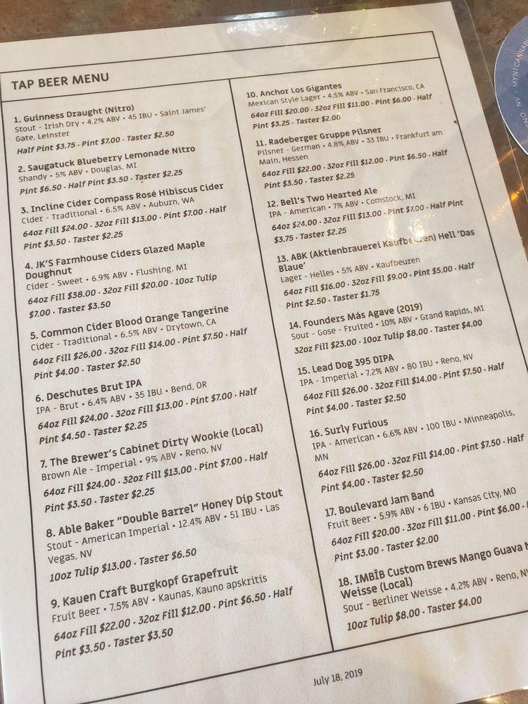 Menu at The 395 Craft Beer & Spirits pub & bar, Reno