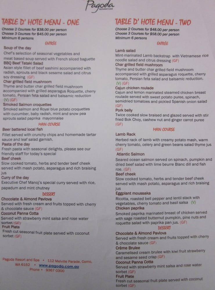 Menu at Waterwall Restaurant & Bar, Como, 112 Melville Parade