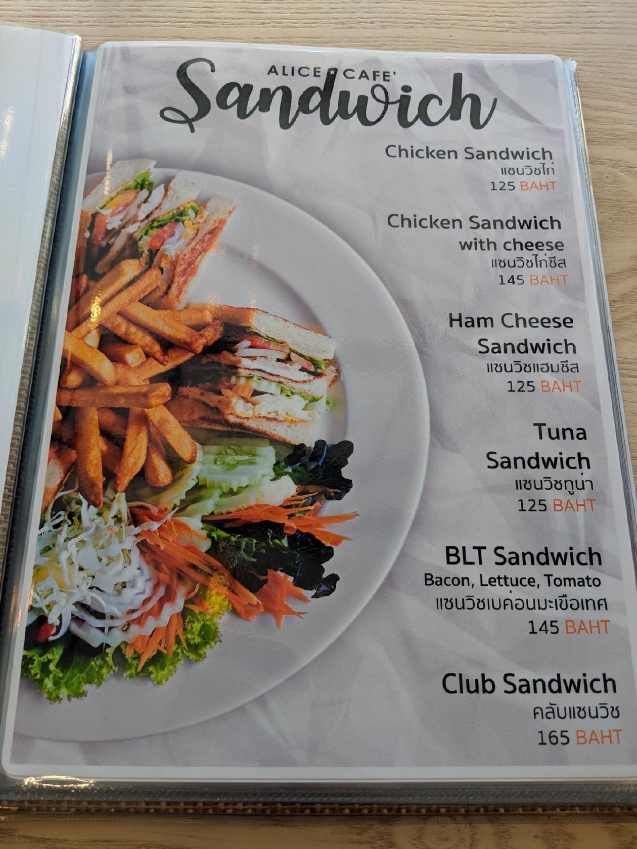 Menu at Alice Cafe, Bangkok, 125 Fuang Nakhon road
