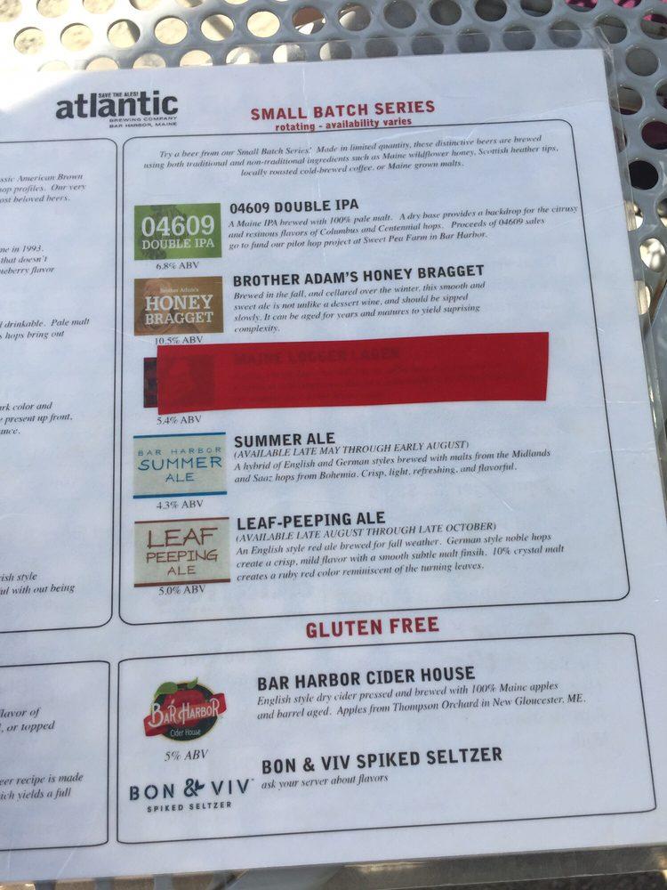 Menu at Atlantic Brewing Company pub & bar, Bar Harbor, Knox Rd