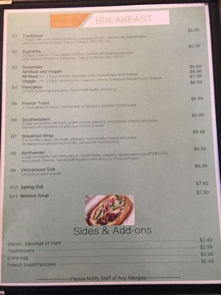 Menu at Bun's House Restaurant, Saskatoon
