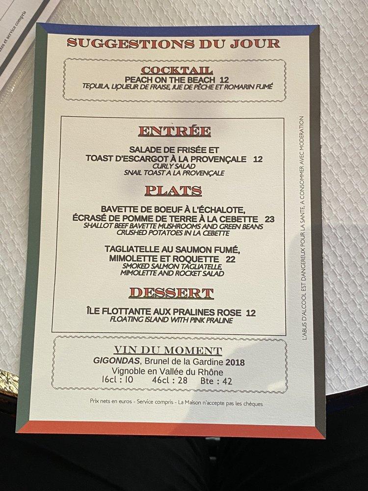 Menu au Bistrot François Felix restaurant, Paris