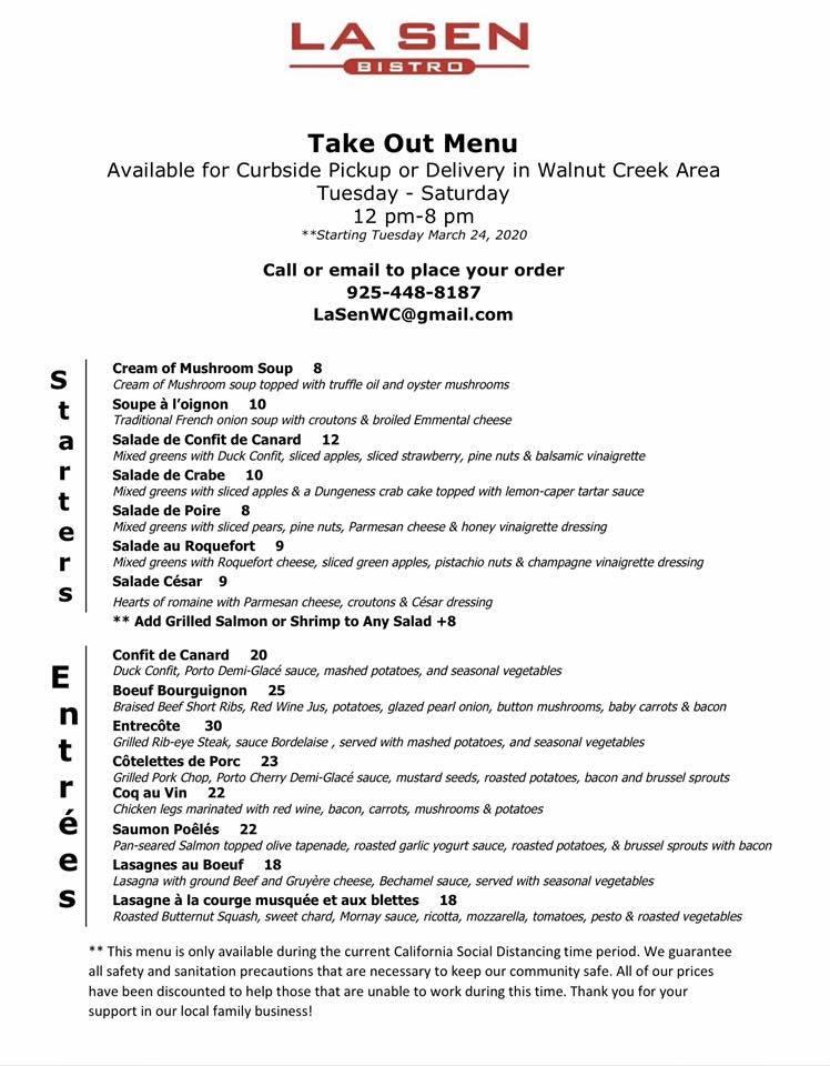 Menu at La Sen Bistro WC pub & bar, Walnut Creek