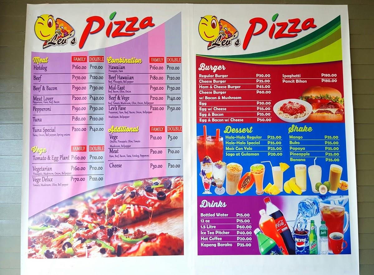 Menu at Lev's Pizza restaurant, Narra