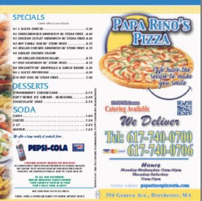 Menu at Papa Rino's Pizza pizzeria, Boston, 394 Geneva Ave