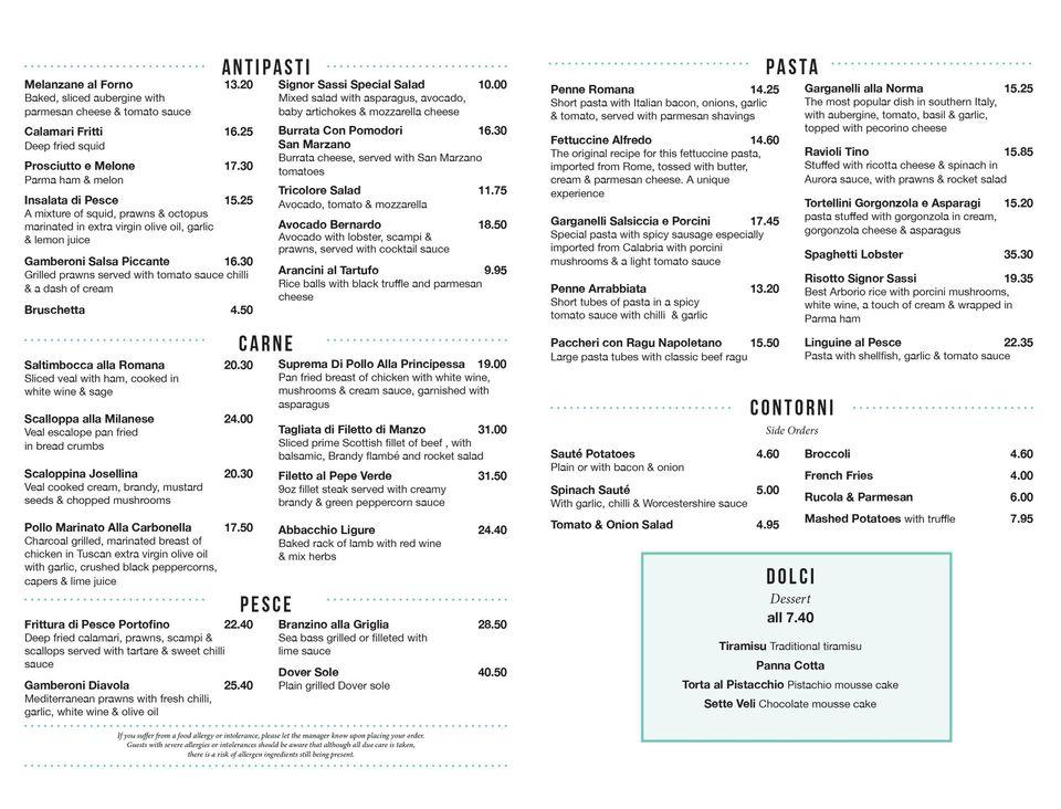 Menu at Signor Sassi restaurant, London
