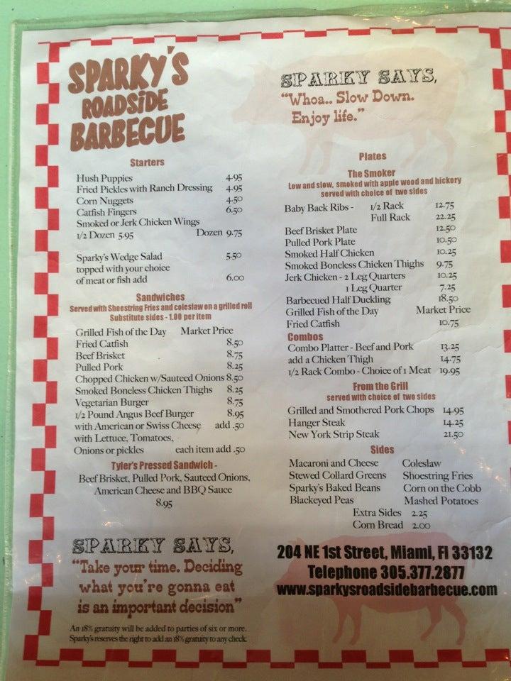 Menu at Sparky's Roadside Barbecue, Miami
