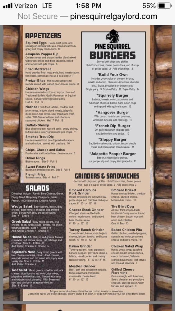 Menu at The Pine Squirrel Bar & Grill, Gaylord, S Otsego Ave
