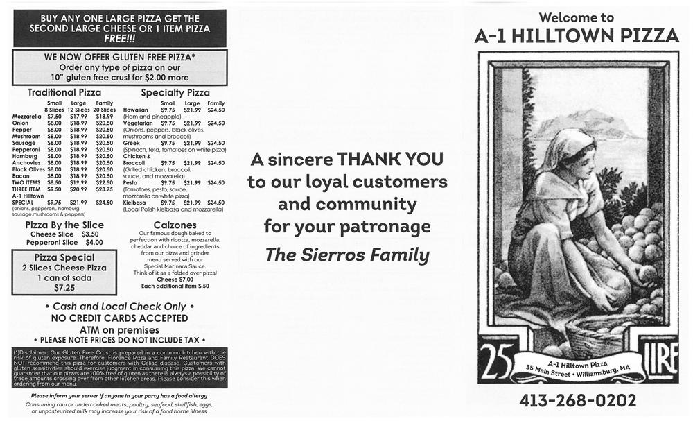 Menu at A-1 Hilltown Pizza pizzeria, Williamsburg