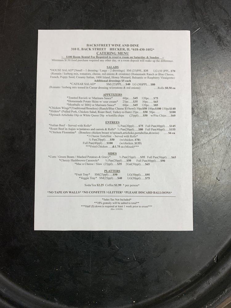 Menu at Backstreet Wine and Dine steakhouse, Hecker