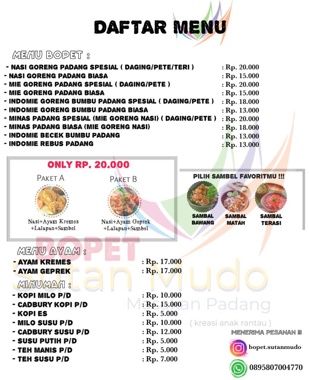 Menu at Bopet Sutan Mudo restaurant, West Jakarta