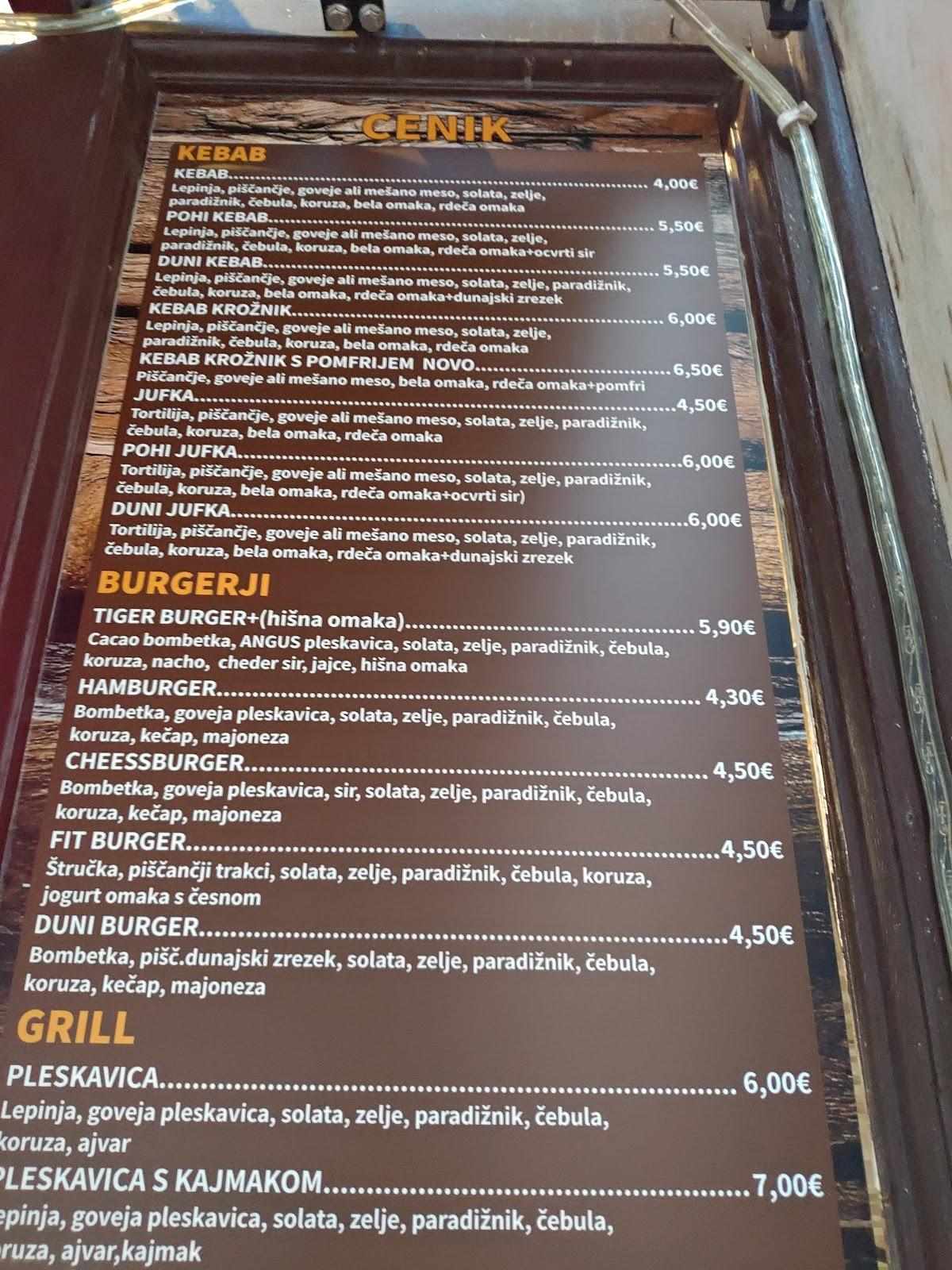 Menu da FAST FOOD - STARI TIGER, Jesenice