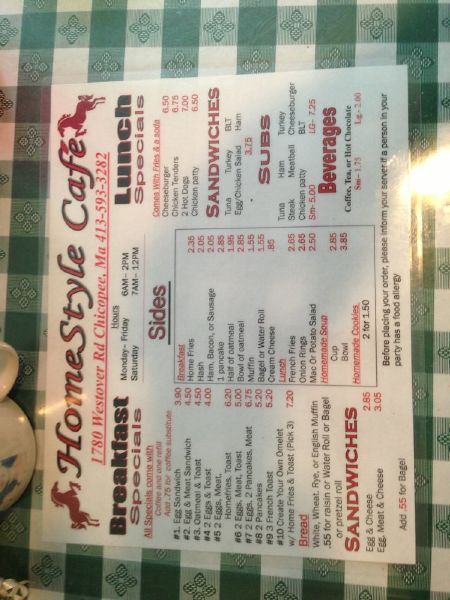 Menu at Homestyle Cafe, Chicopee