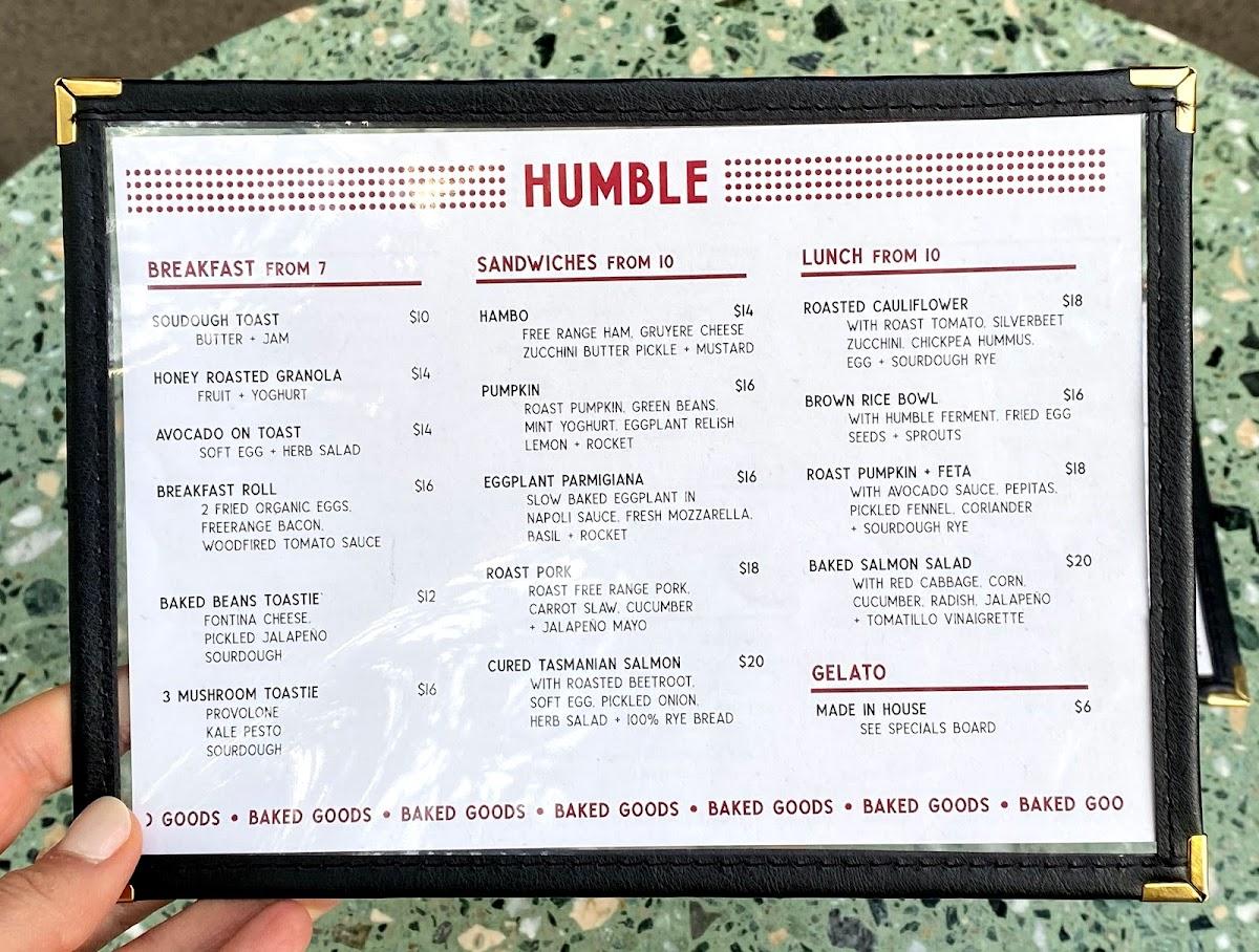 Menu at Humble Bakery, Surry Hills, 50 Holt St