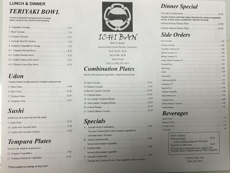 Menu at Ichiban restaurant, Fresno