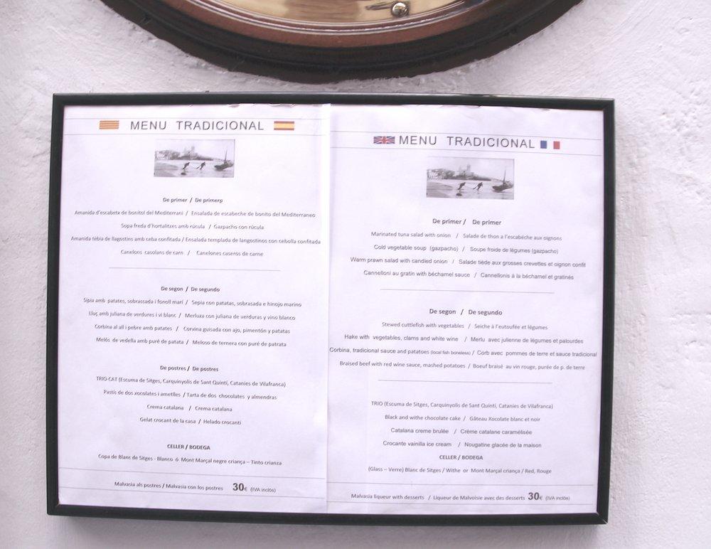 Menu at La Nansa Restaurante, Sitges, Carrer de la Carreta
