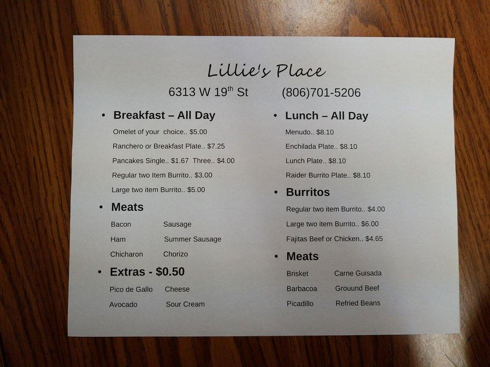Menu at Lillie's Place restaurant, Lubbock