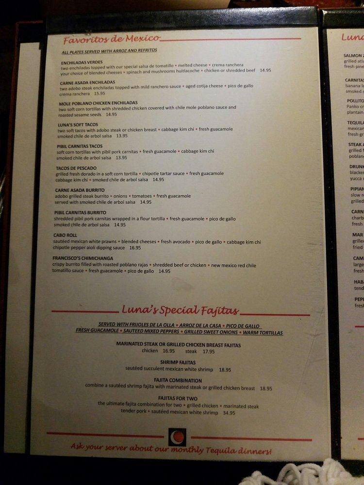 Menu at Luna Modern Mexican Kitchen restaurant, Rancho Cucamonga