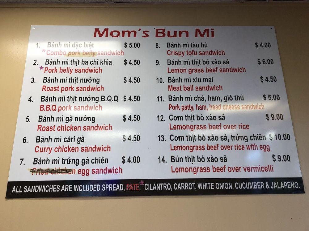 Menu at Mom's Bun Mi restaurant, Oakland