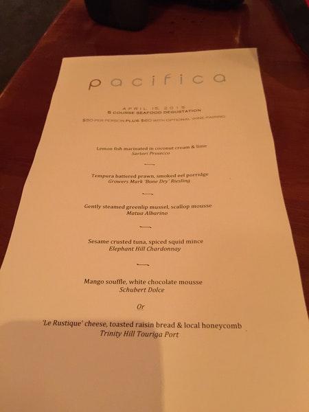 Menu at Pacifica Restaurant, Napier, 209 Marine Parade