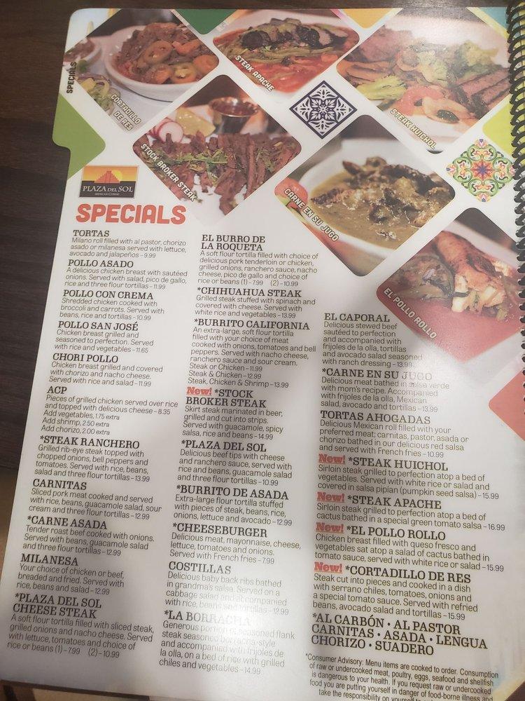 Menu at Plaza del Sol restaurant, Mount Airy, Woodland Dr