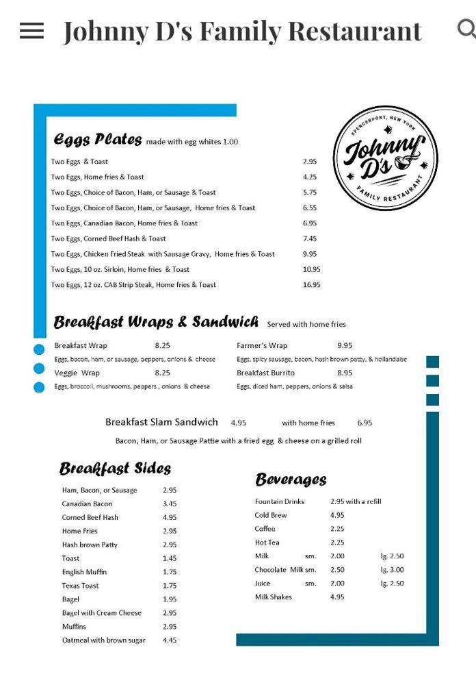 Menu at Johnny D's Family Restaurant, Spencerport