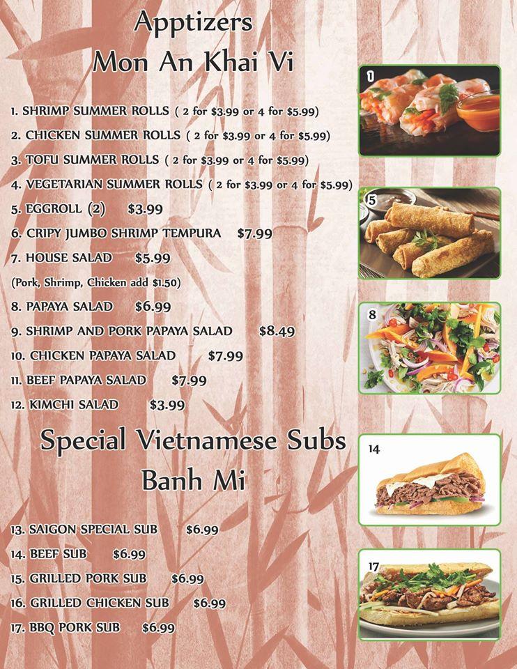 Menu at Saigon Pho Bistro restaurant, St. Augustine, A1a S