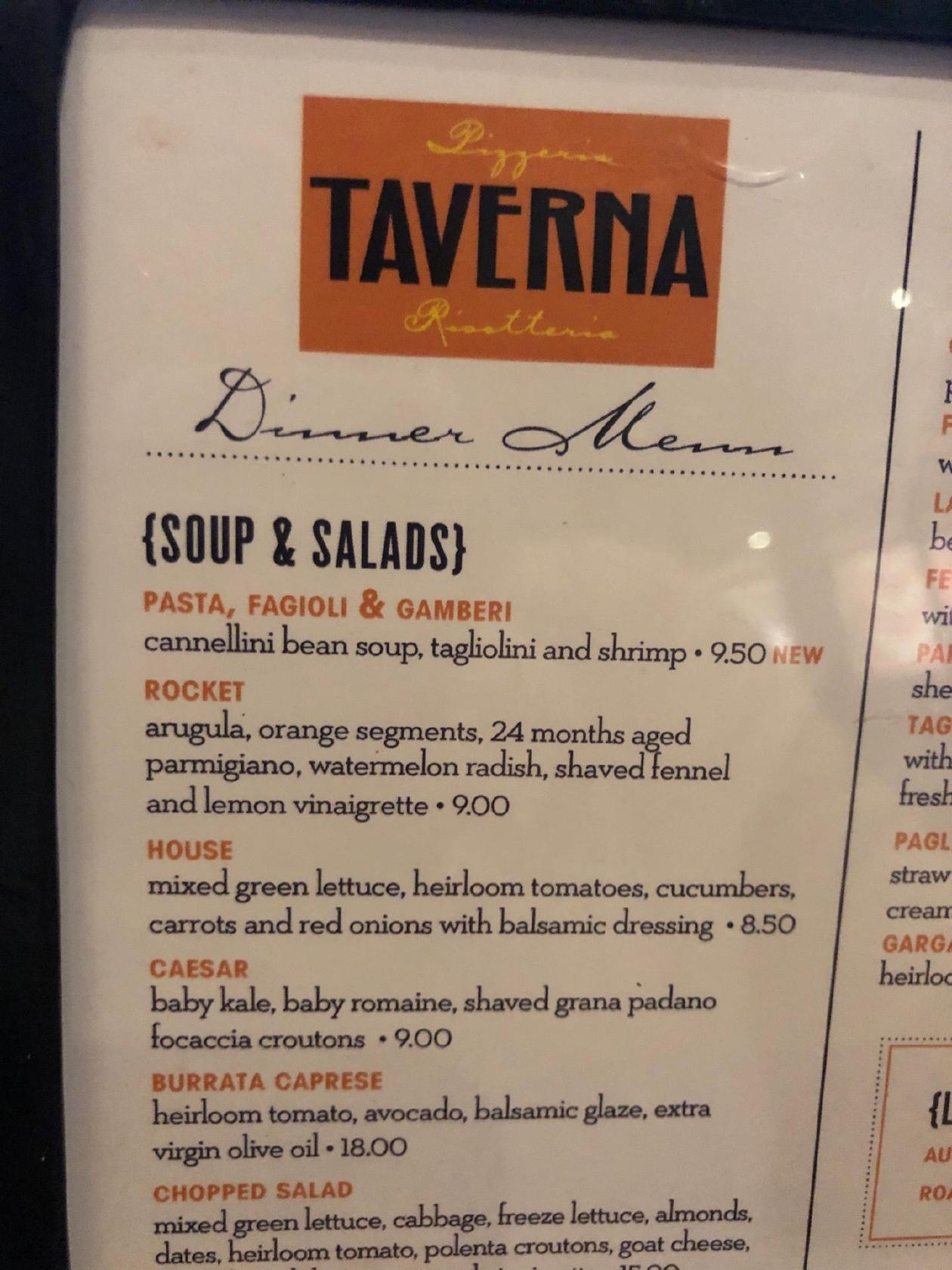 Menu at Taverna pizzeria, Plano