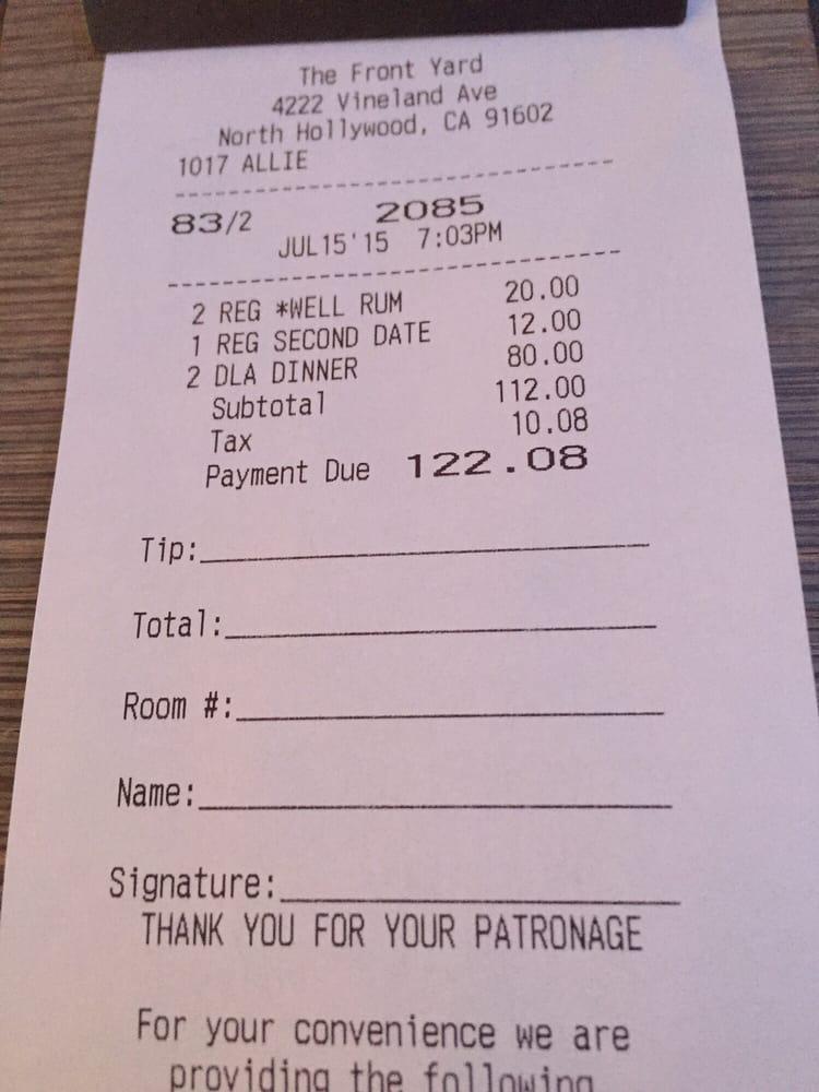 Menu at The Front Yard restaurant, Universal City
