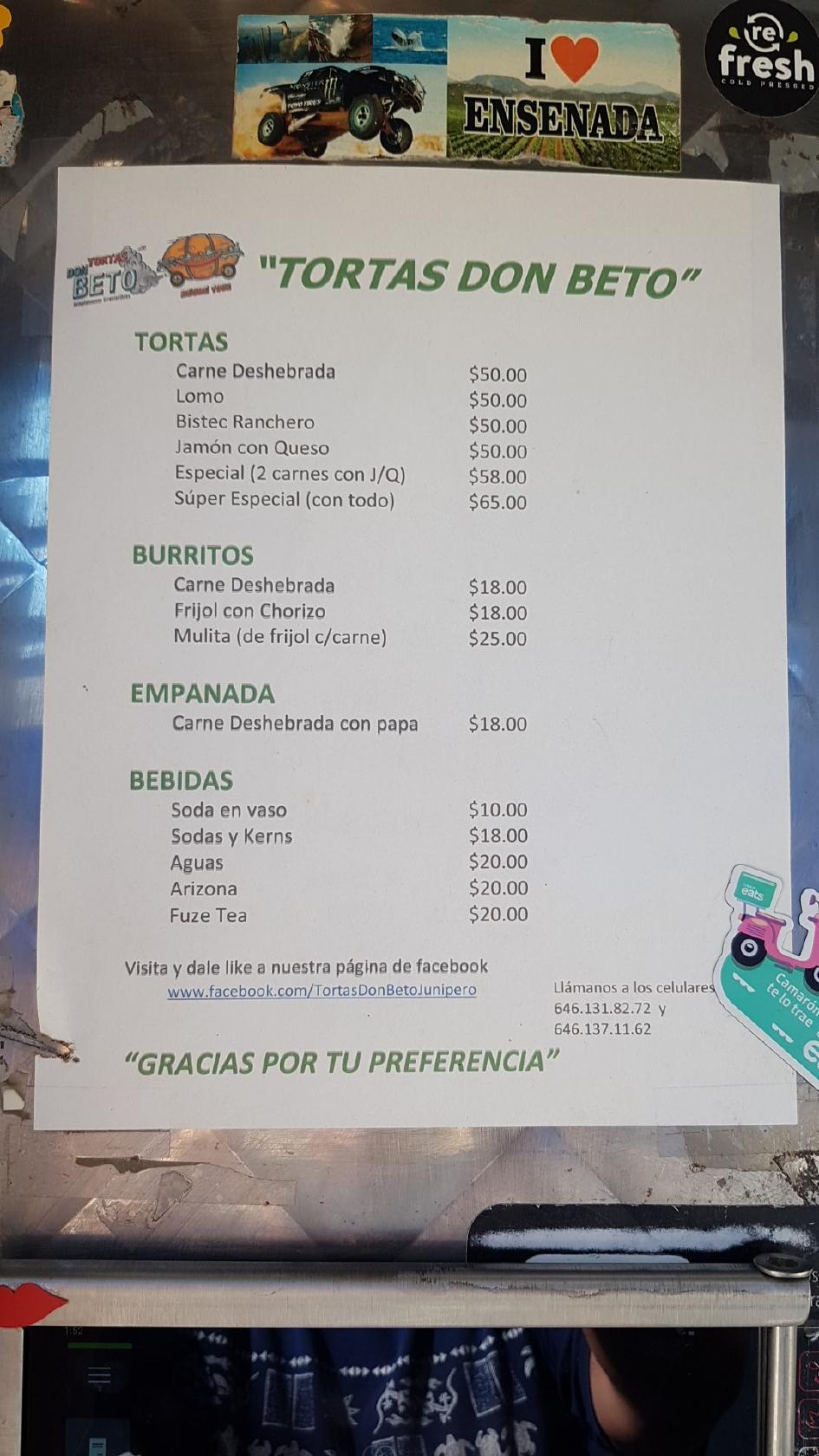 Menu at Tortas Don Beto Junipero (Food Truck) restaurant, Ensenada