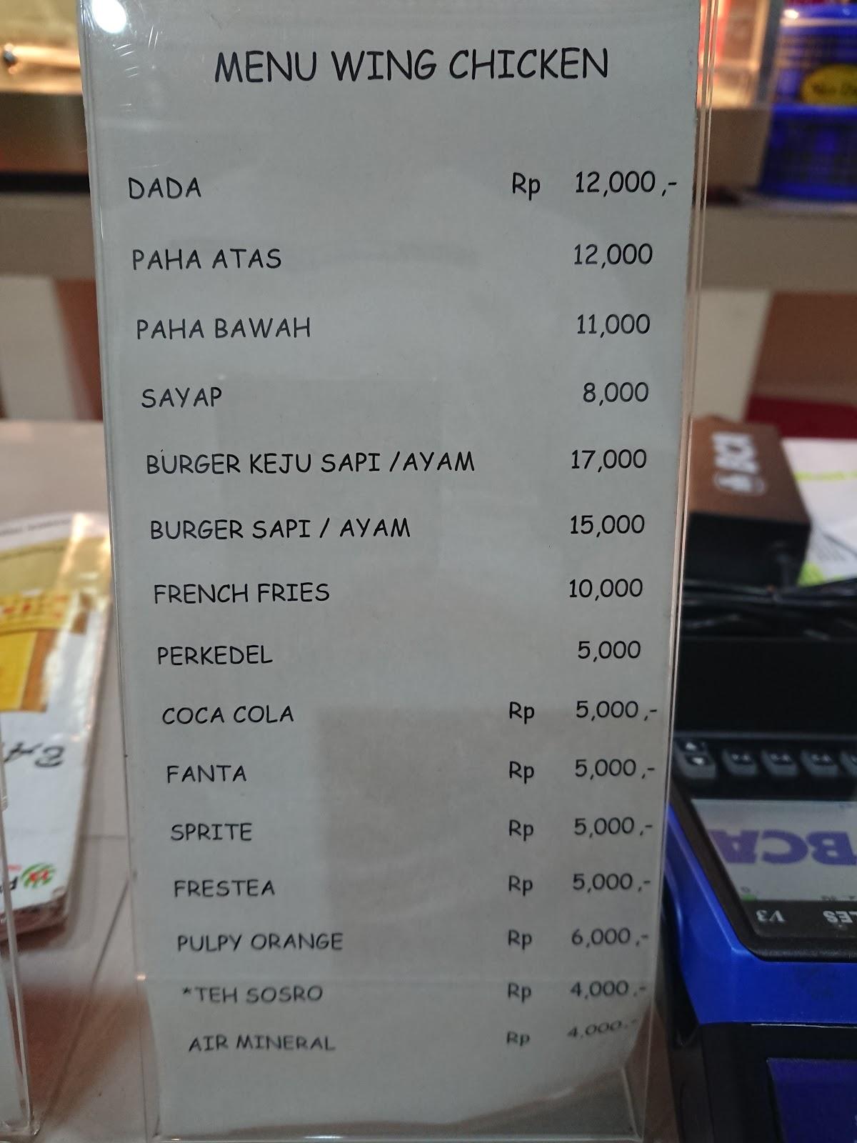 Menu at Wing Chicken restaurant, West Jakarta