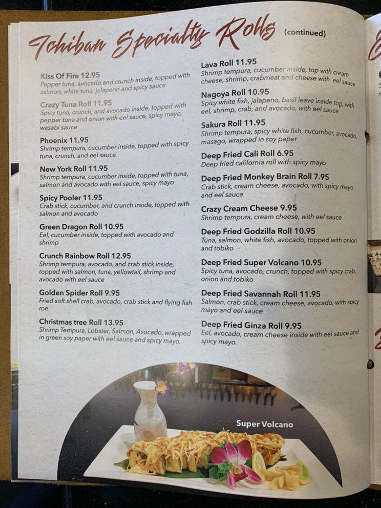 Menu at Ichiban Japanese steakhouse, Pooler