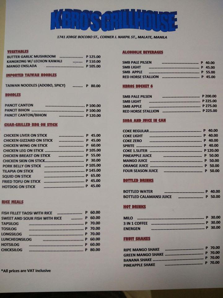 Menu at K Bros restaurant, Manila