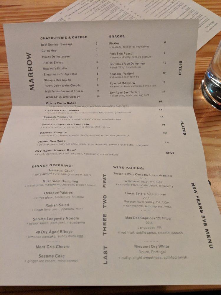 Menu at Marrow restaurant, Detroit