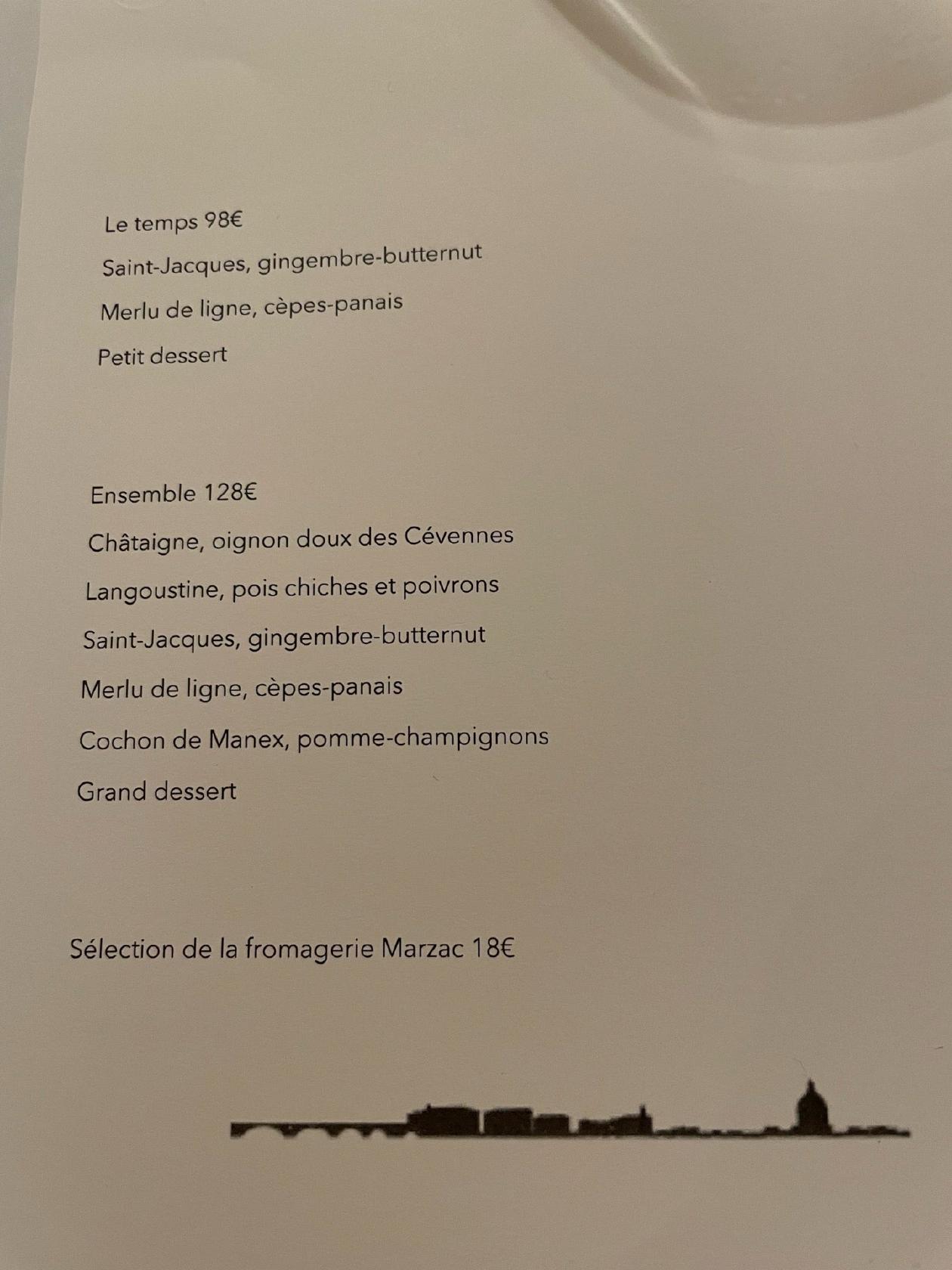 Menu au Py-r restaurant, Toulouse, 19 Dsc de la Halle aux Poissons