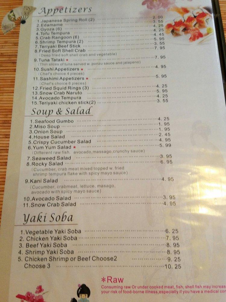 Menu at Sakura restaurant, Houma