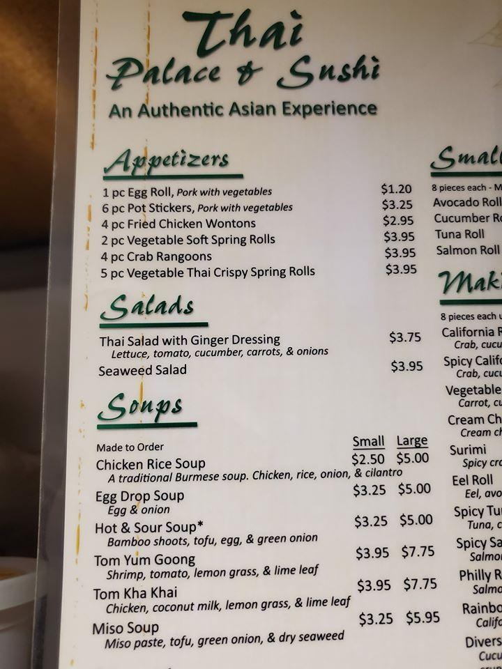 Menu at Thai Palace and Sushi Ozark MO restaurant, Ozark, West Highway J