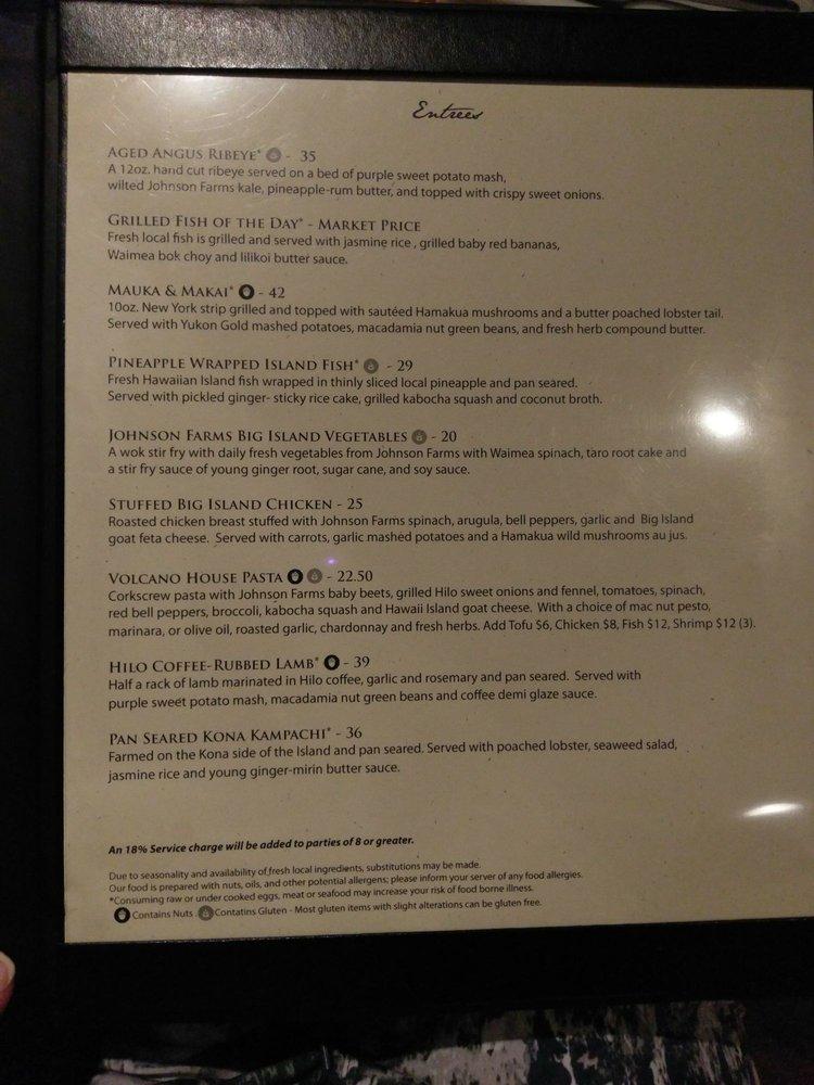 Menu at The Rim restaurant, Volcano, 1 Crater Rim Drive