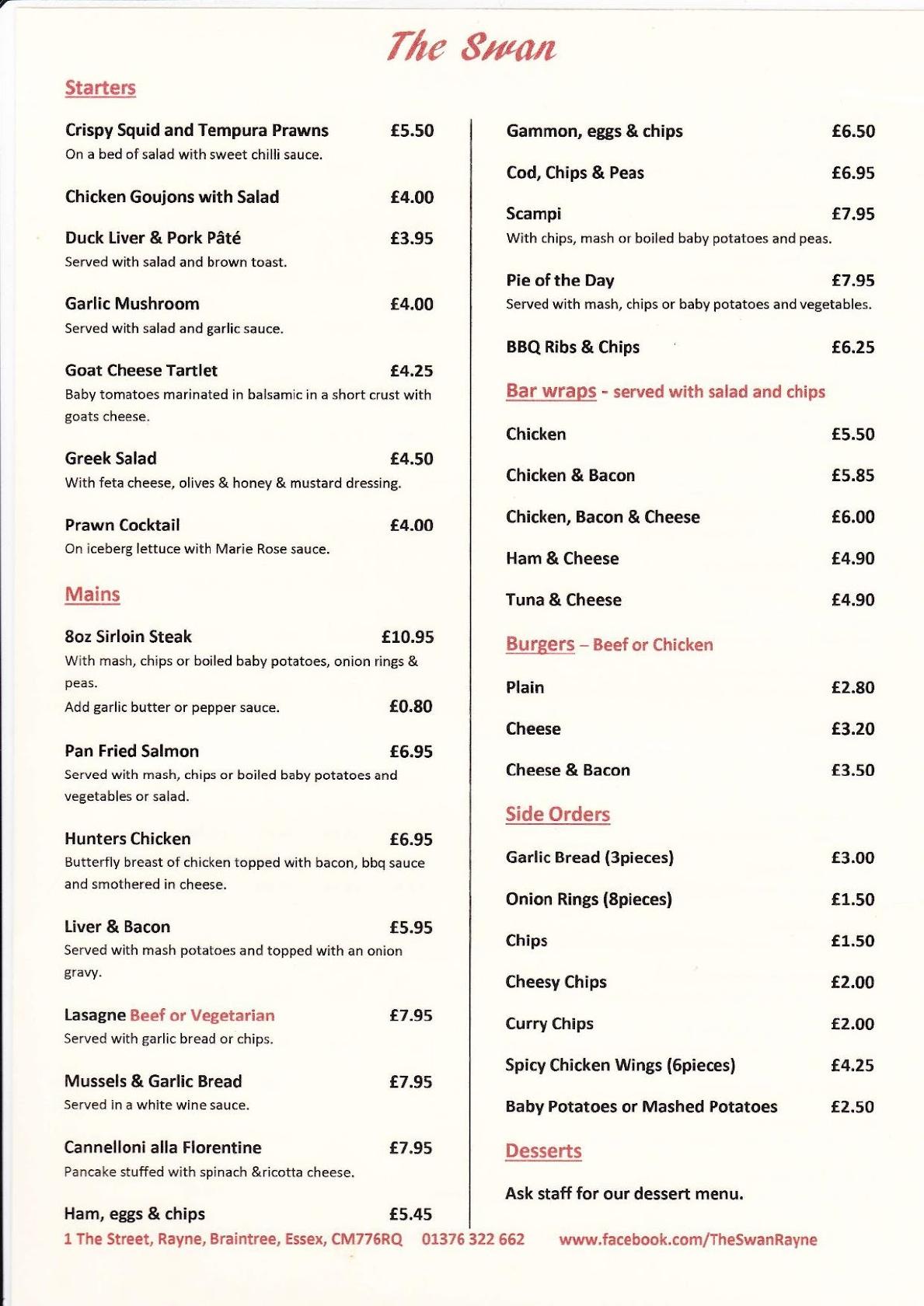 Menu at The Swan Public House & Restaurant, Braintree, 1 The St