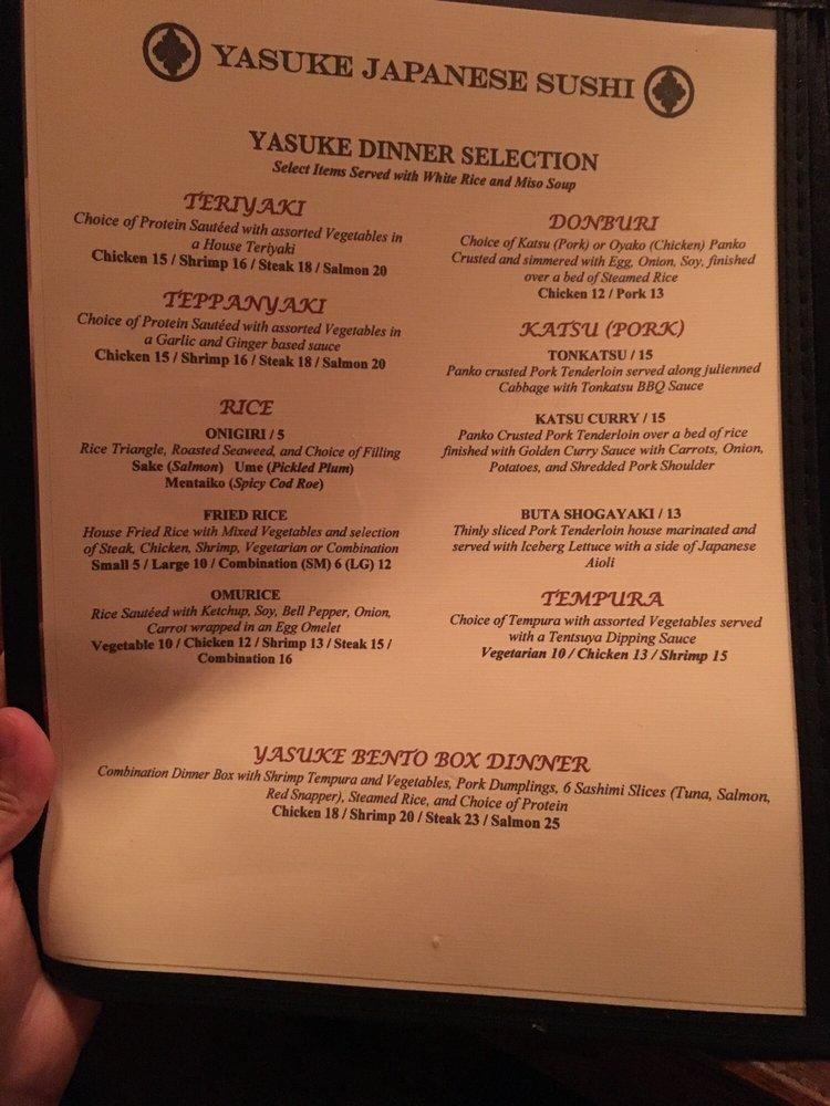 Menu at Yasuke Japanese Sushi restaurant, McAllen