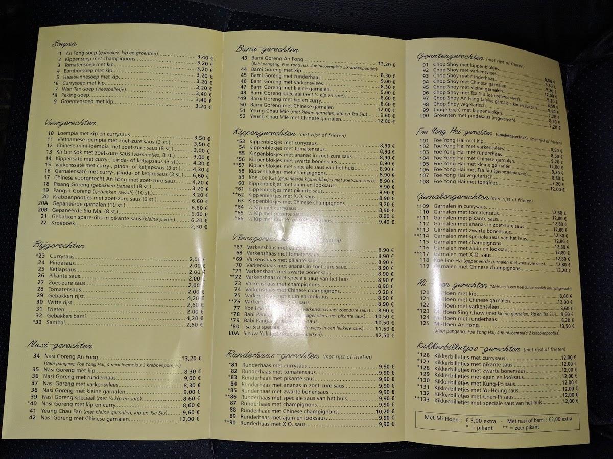 Menu at An Fong, Rijkevorsel