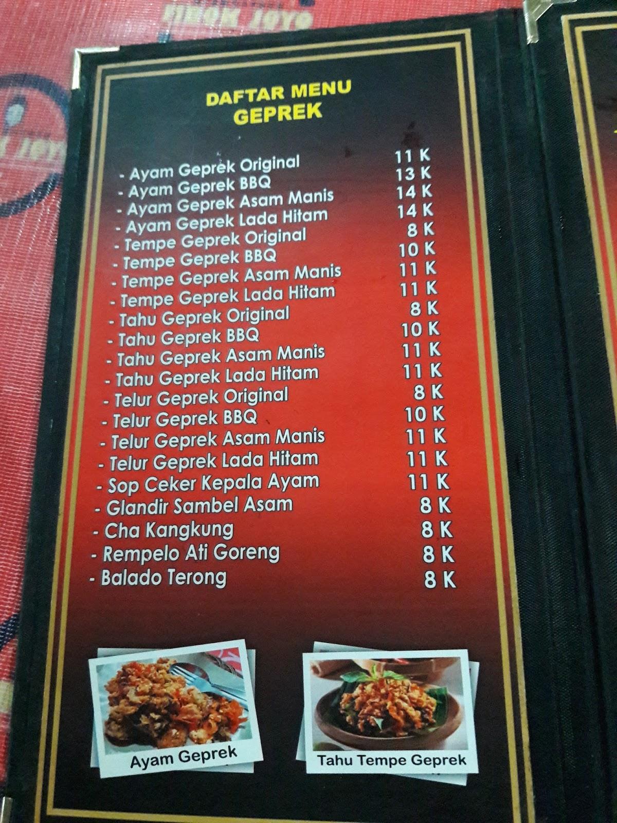 Menu at " Ayam Geprek Mbok Joyo " restaurant, Semarang
