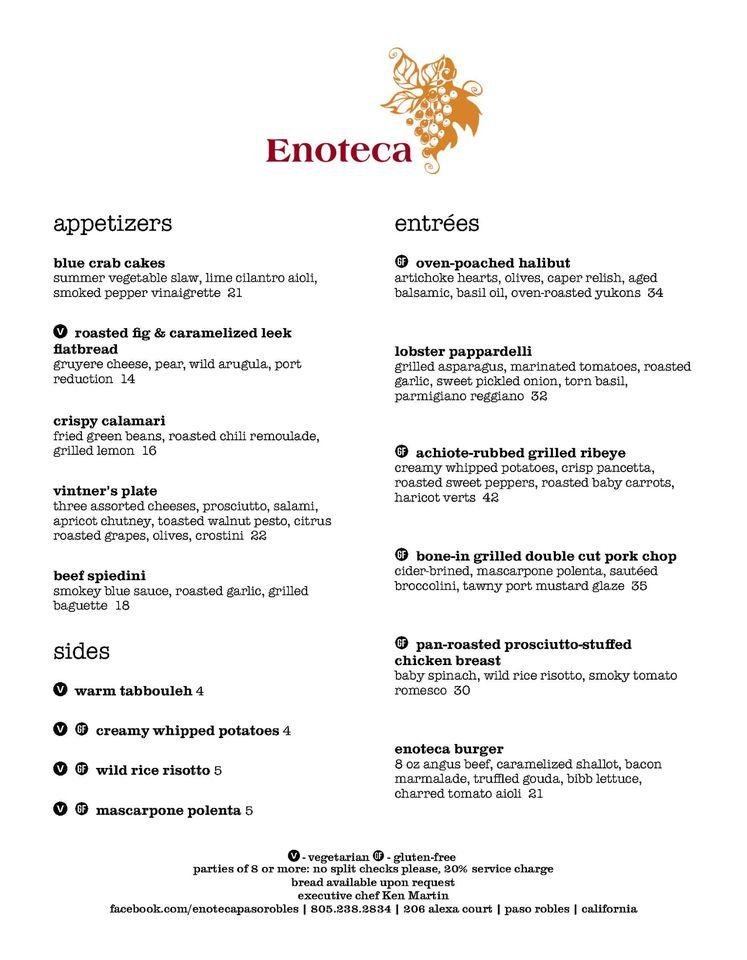 Menu at Enoteca Restaurant & Lounge, Paso Robles