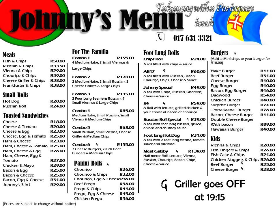 Menu at Johnny's Take-away with a Portuguese Touch restaurant, Secunda