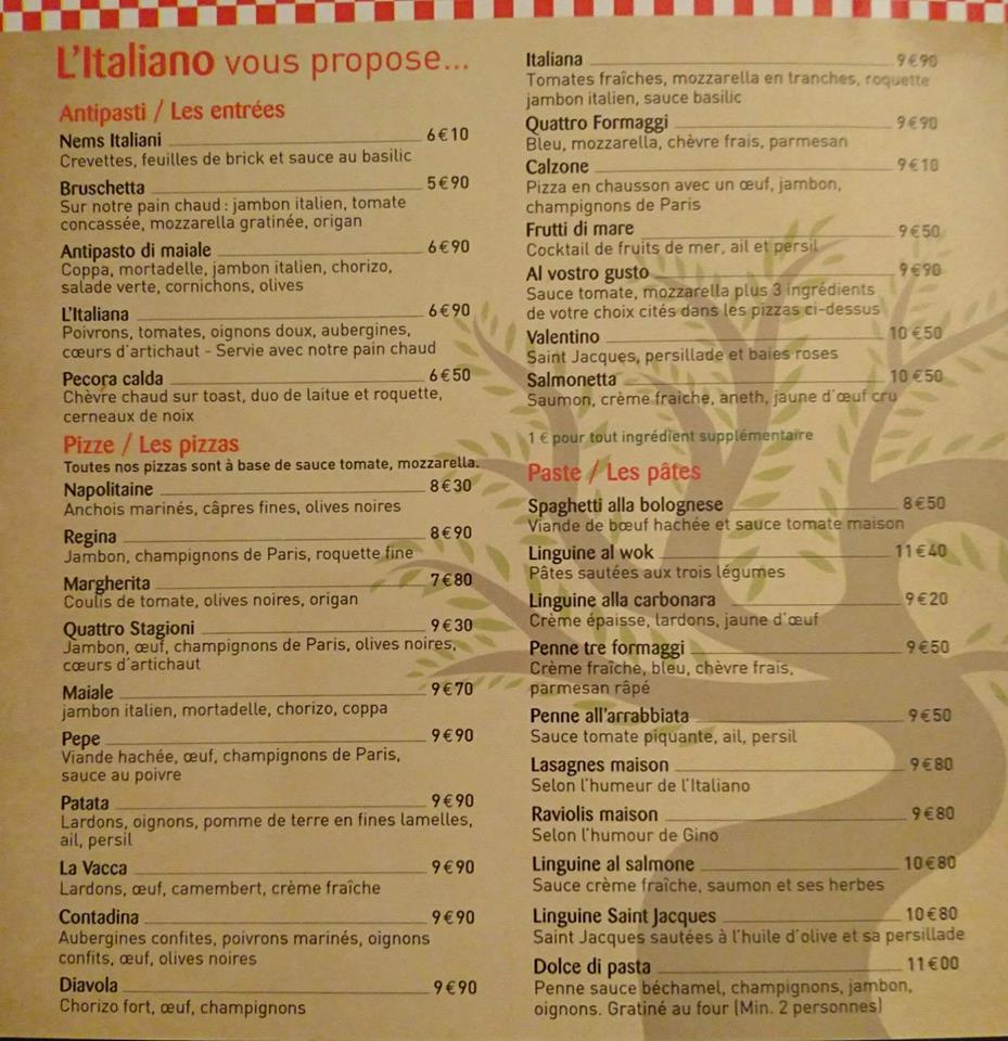 Menu au L'italiano restaurant, Thorigné-Fouillard