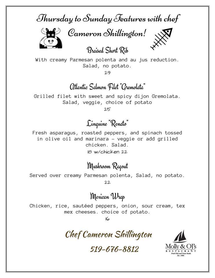 Menu at Molly & OJ's Restaurant, Erieau